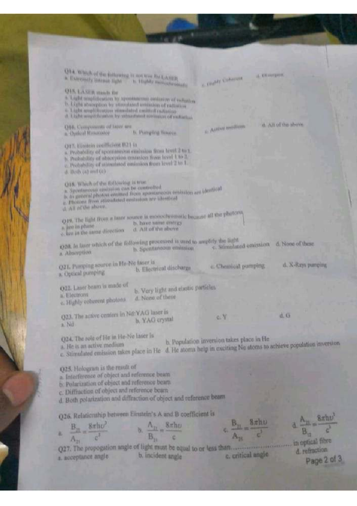 Phy(109-110) Midterm Previous Year Questions on LASER and Fiber Optics - Studocu