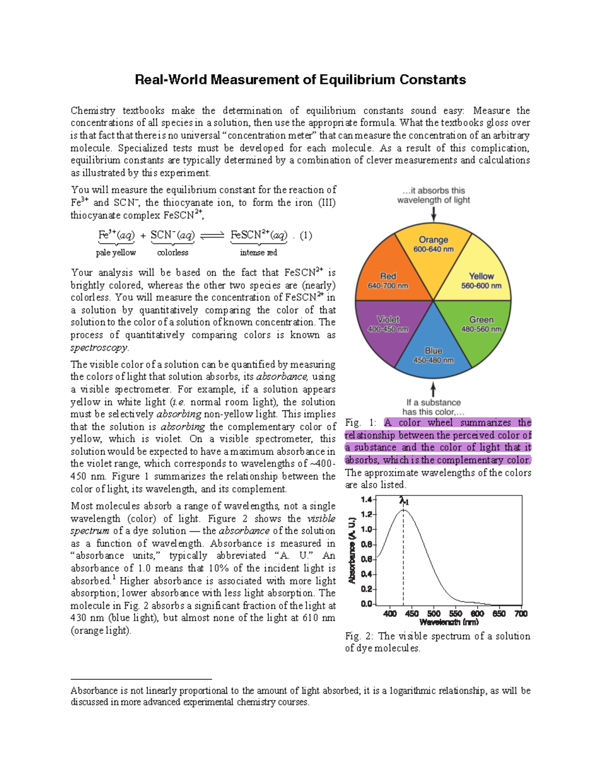 E.3. Equilibrium Experiment - Lab Handout on Equilibrium Constants ...