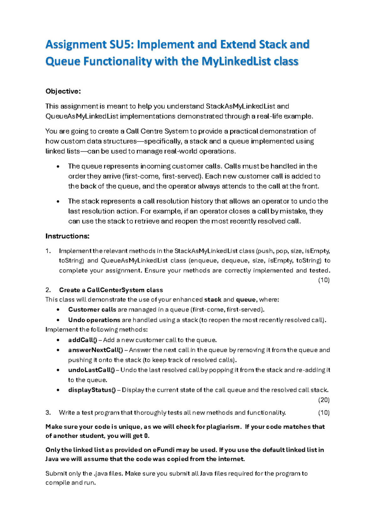 Assignment SU5: Stack & Queue Implementation in Call Centre System ...