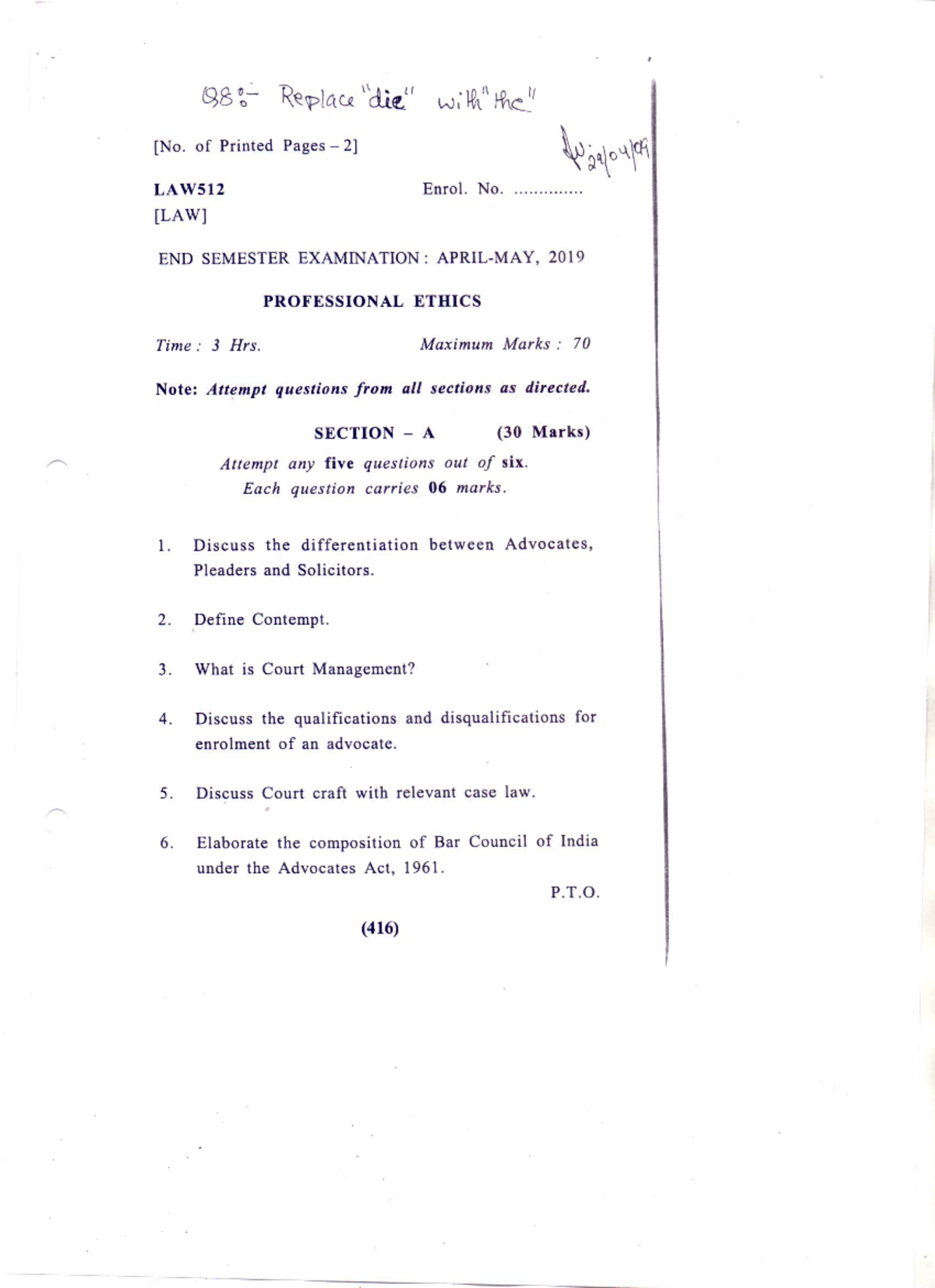 Professional Ethics Exam Notes, LAW512, April-May 2019 - Studocu