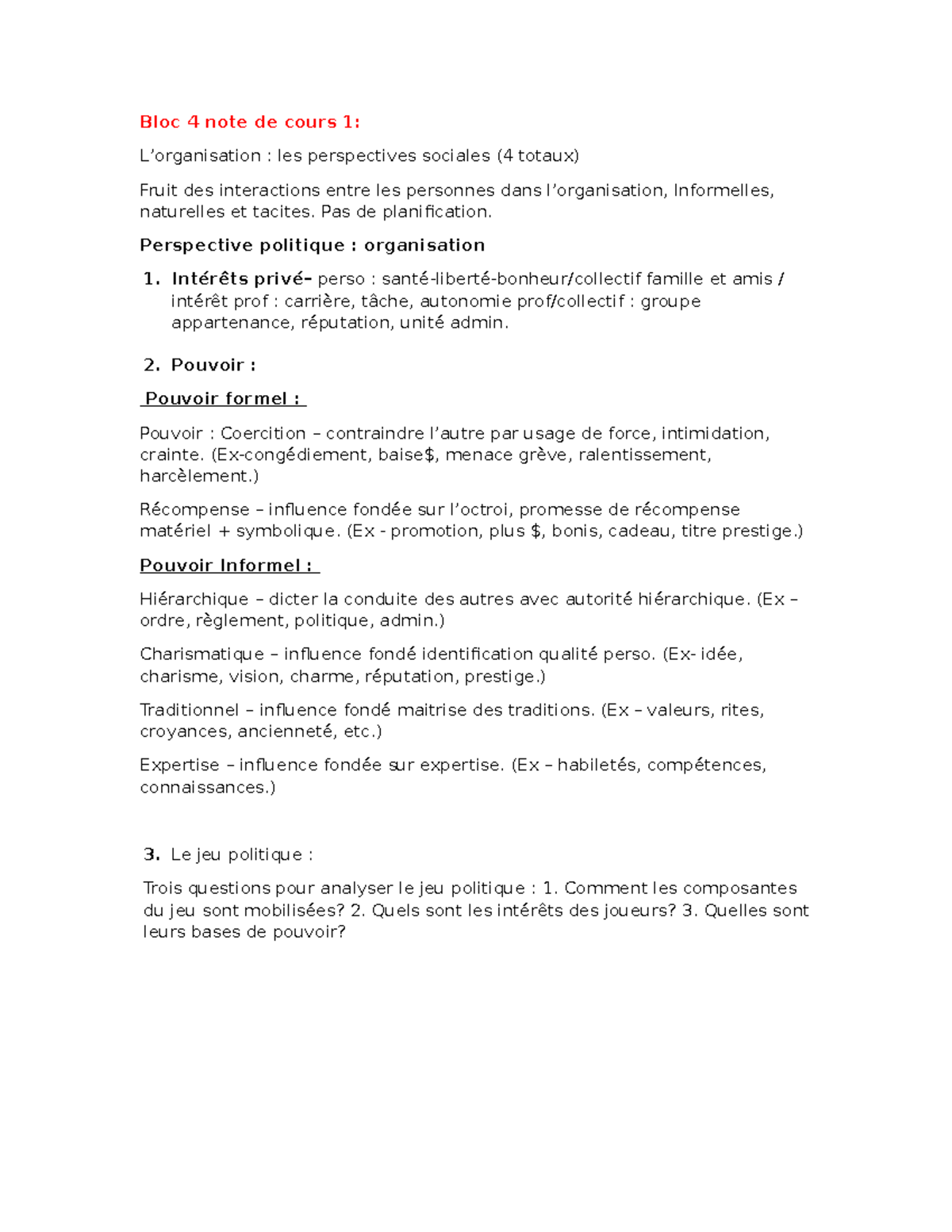 Bloc 4 : Perspectives Sociales et Management - Notes de Cours - Studocu