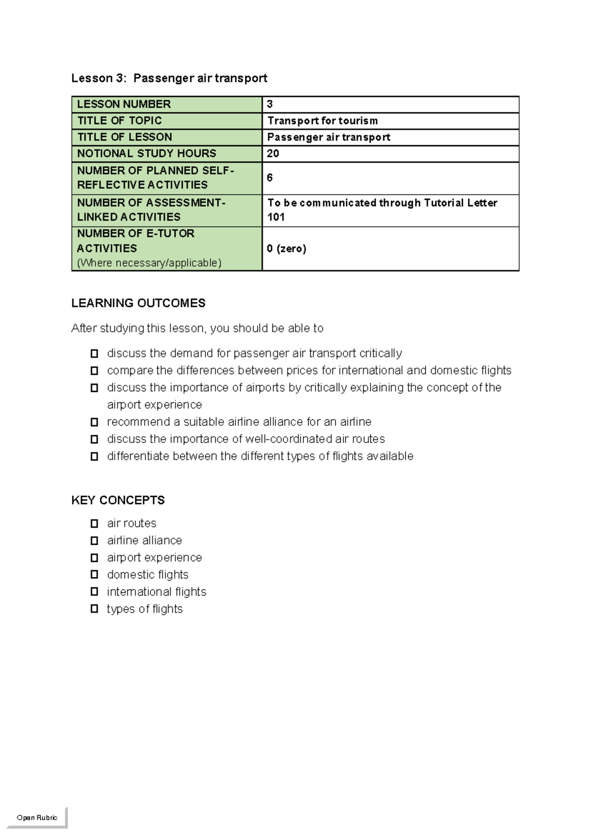 TRT2601 Lesson 3: Exploring Passenger Air Transport for Tourism - Studocu