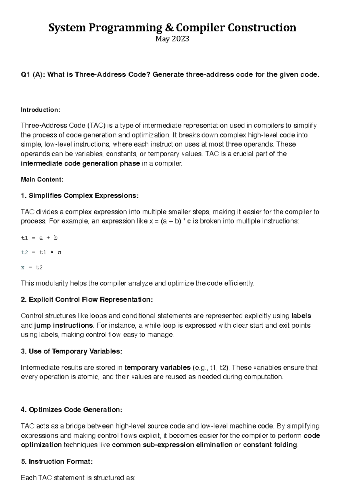 SPCC May 2023 Solutions: Understanding Code Generation and Compiler Phases - Studocu
