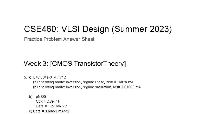 CSE460: VLSI Design Summer 2023 Practice Problem Answers Week 3-4 - Studocu