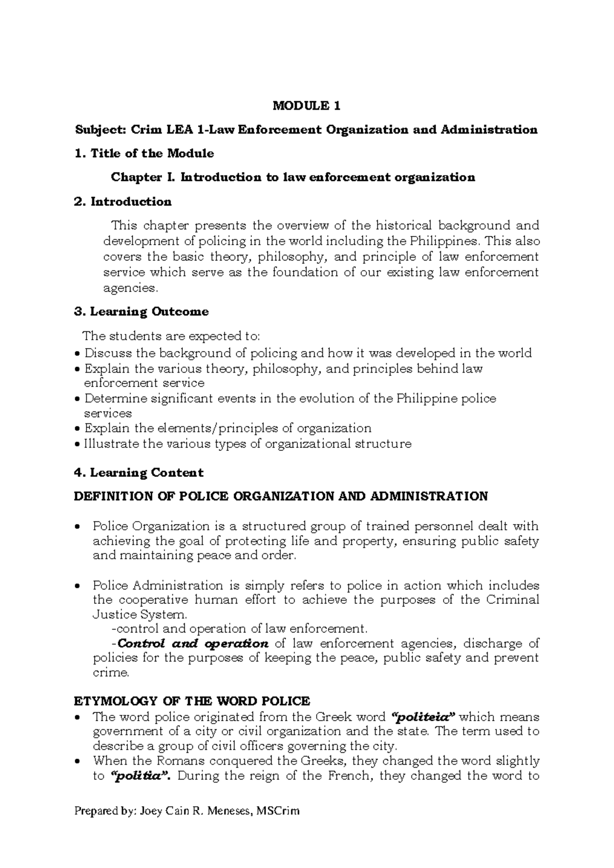 CRIM LEA 101: Intro to Law Enforcement Org & Admin - Studocu