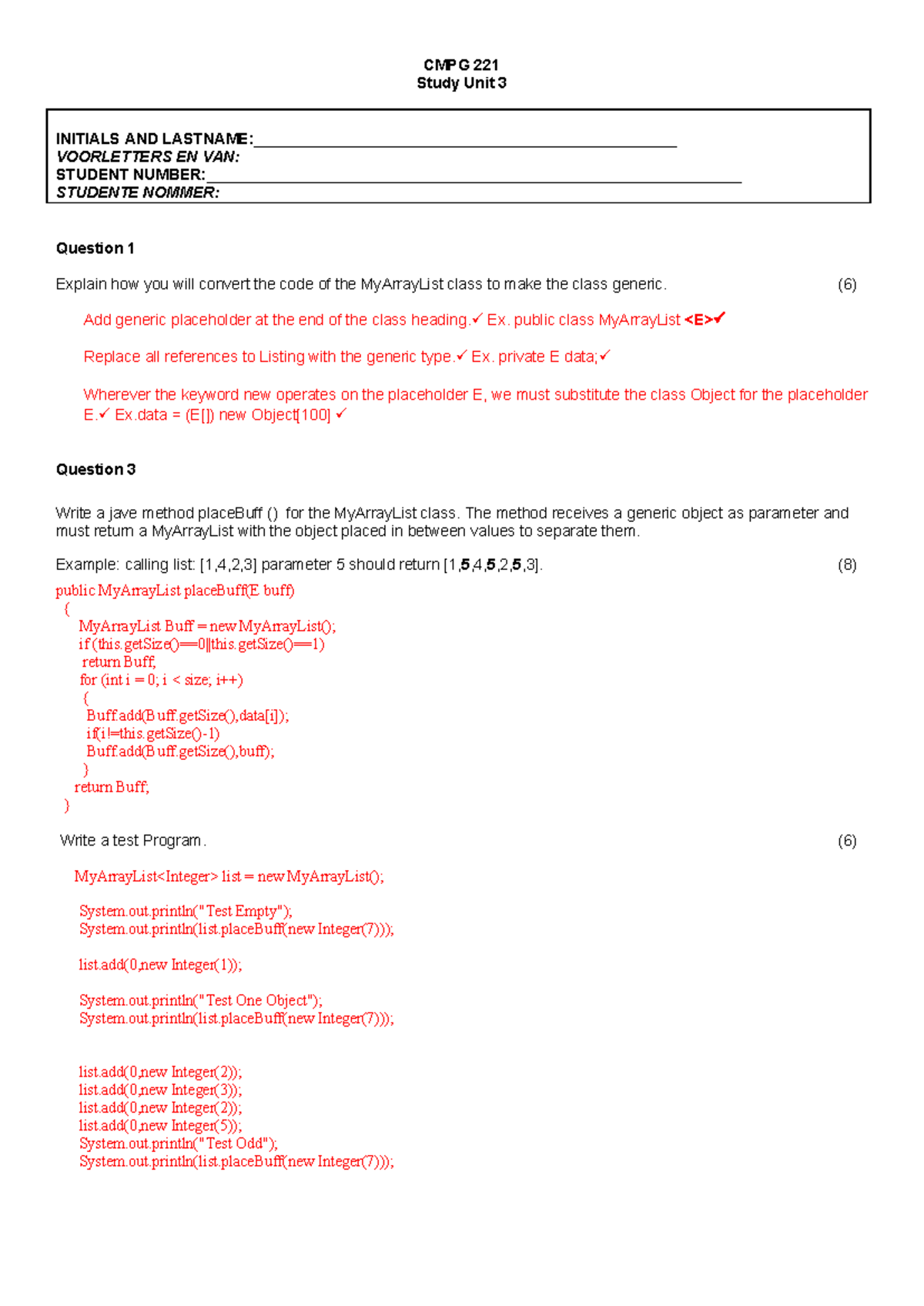 CMPG 221 Semester Test 2 SU3 Memo - Generics and MyArrayList ...