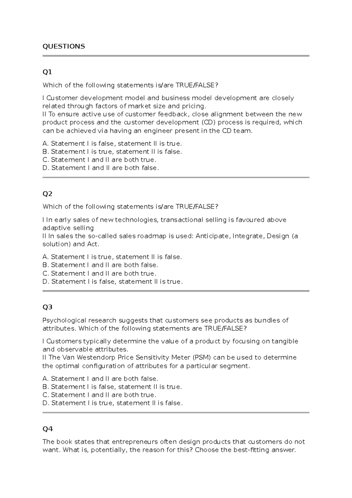 Quiz 2 Retake Questions - Customer Development & Sales Strategies - Studeersnel