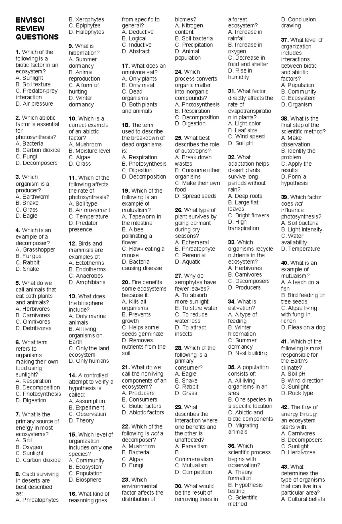 ENVISCI 101: Comprehensive Review Questions on Ecosystems and Organisms ...