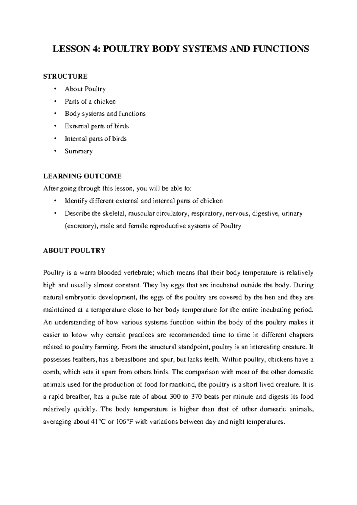Poultry Body Systems & Functions: Lesson 4 Overview - Studocu