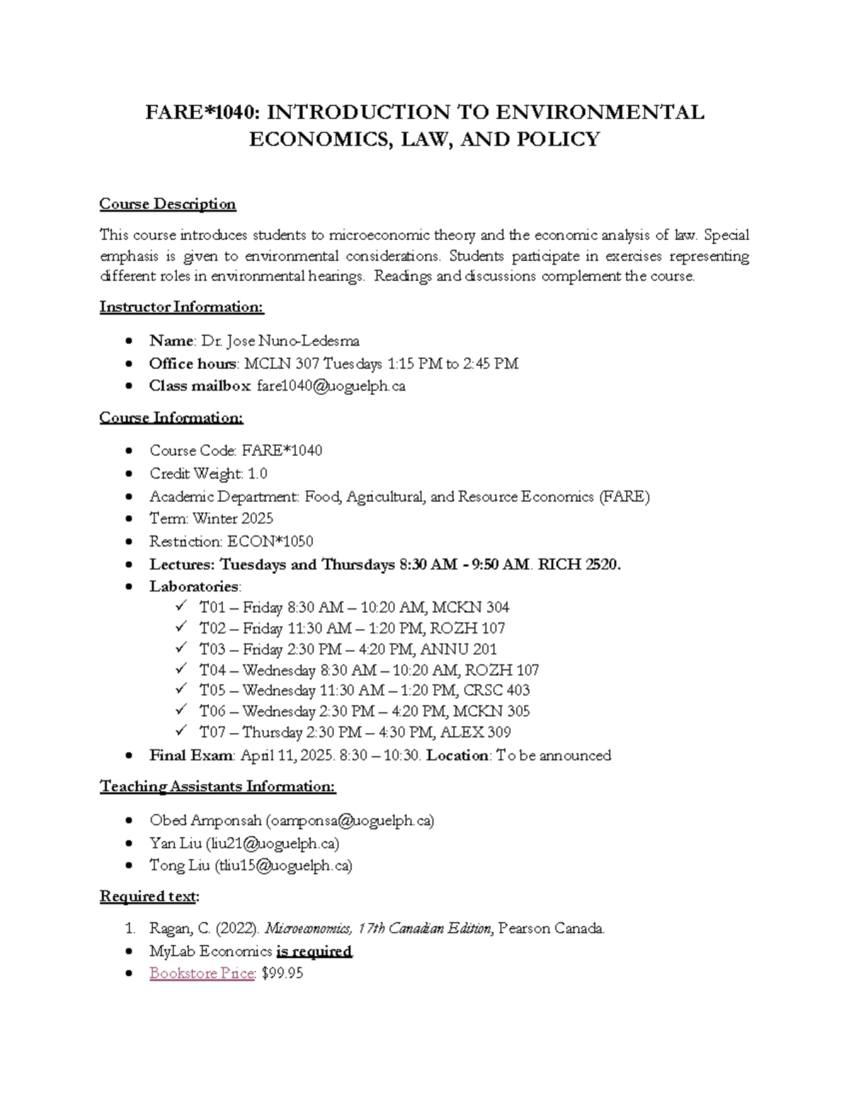 2025 FARE1040 Introduction to Environmental Economics Syllabus - Studocu