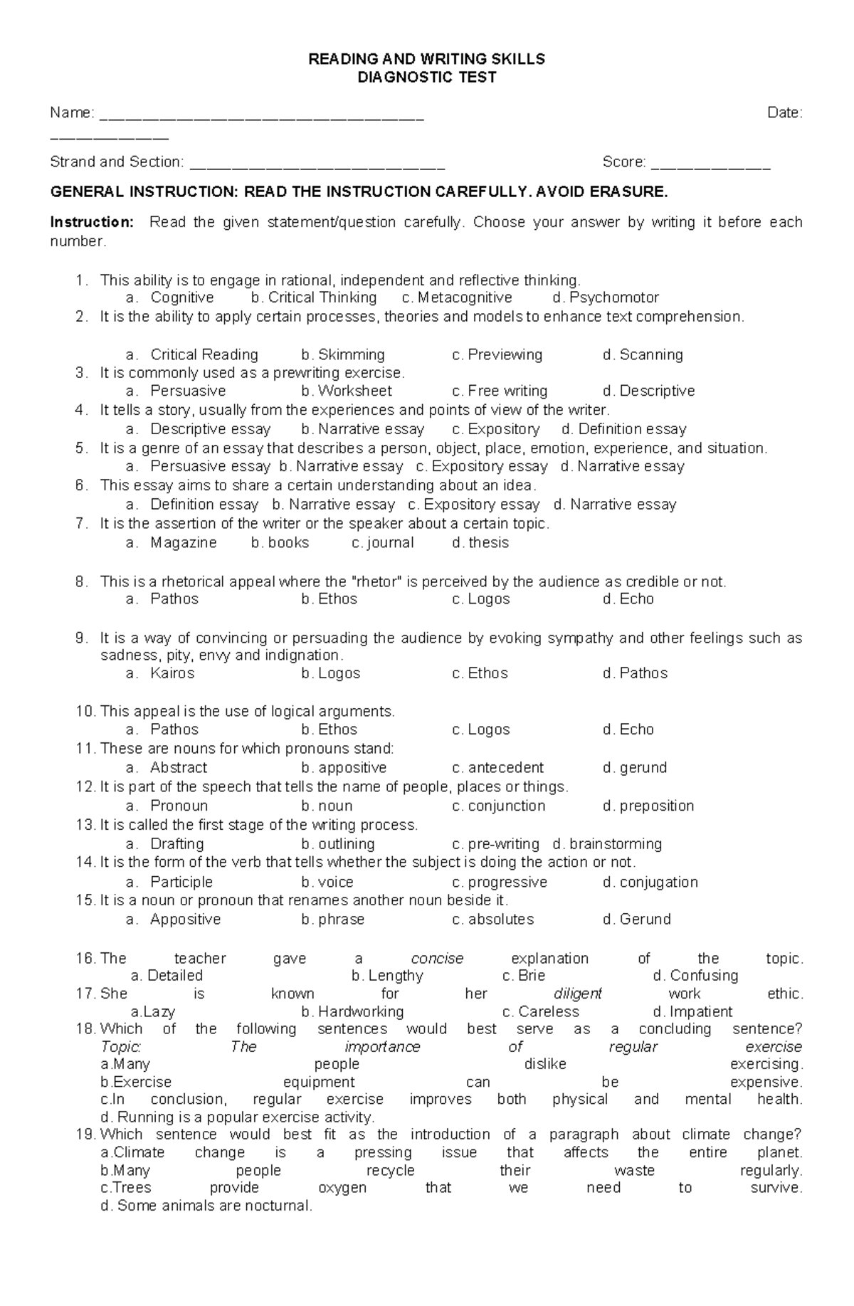diagnostic test - READING AND WRITING SKILLS DIAGNOSTIC TEST Name ...