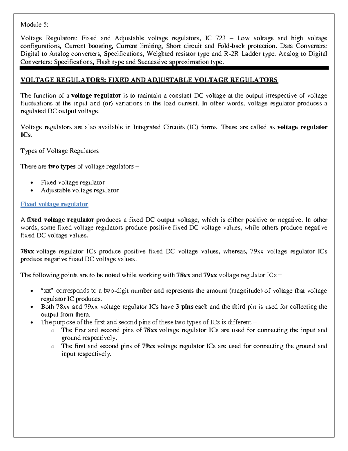 Module 5 Lecture Notes: Voltage Regulators & Data Converters - Studocu