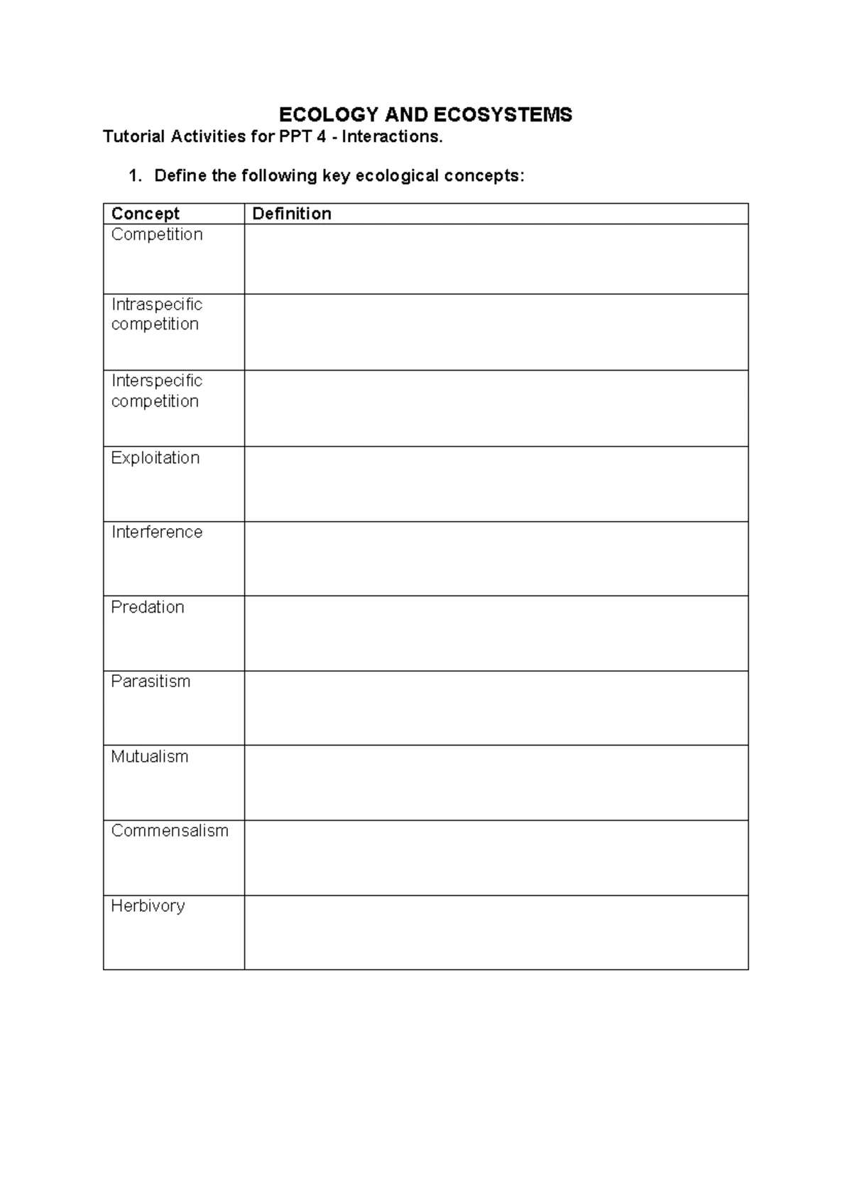 Tutorial Activities for PPT 1 Answers - ECOLOGY AND ECOSYSTEMS Tutorial ...