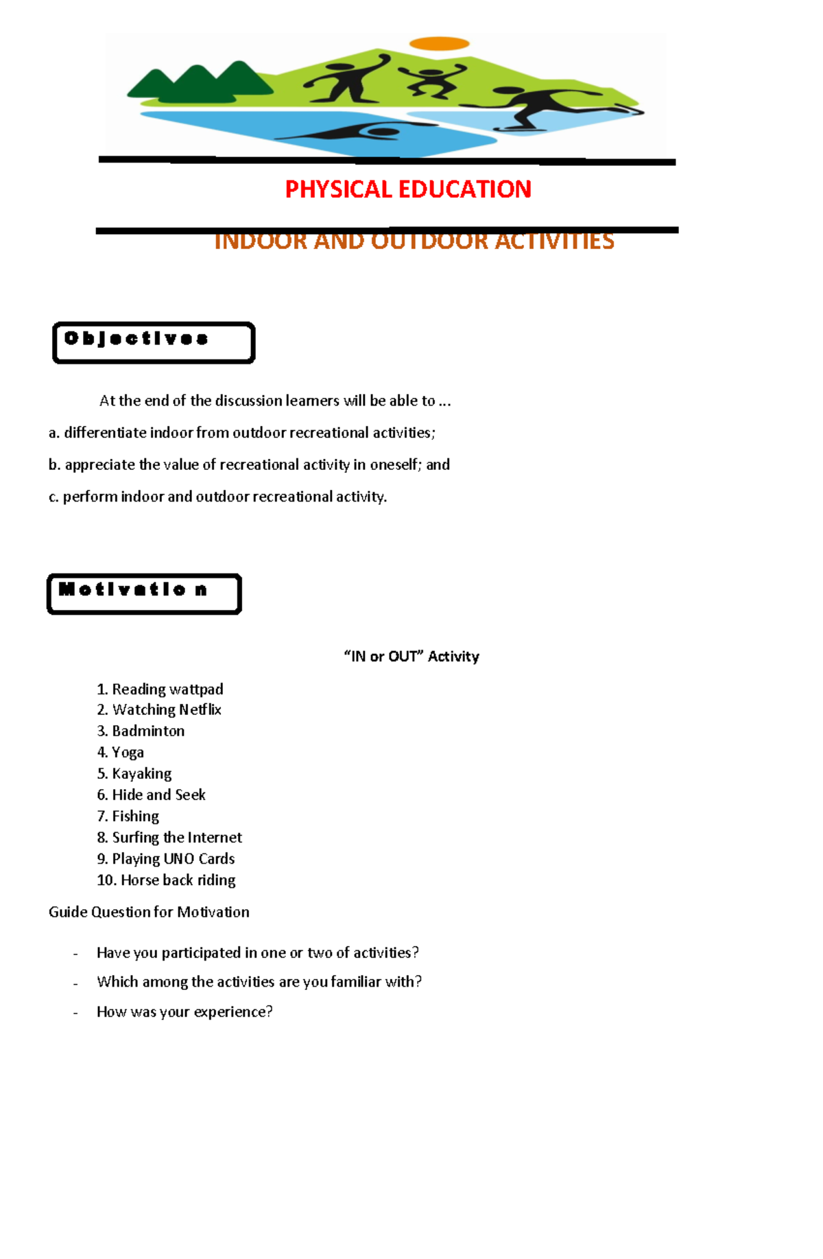 Lesson 2 - Differentiating Indoor and Outdoor Activities - Studocu