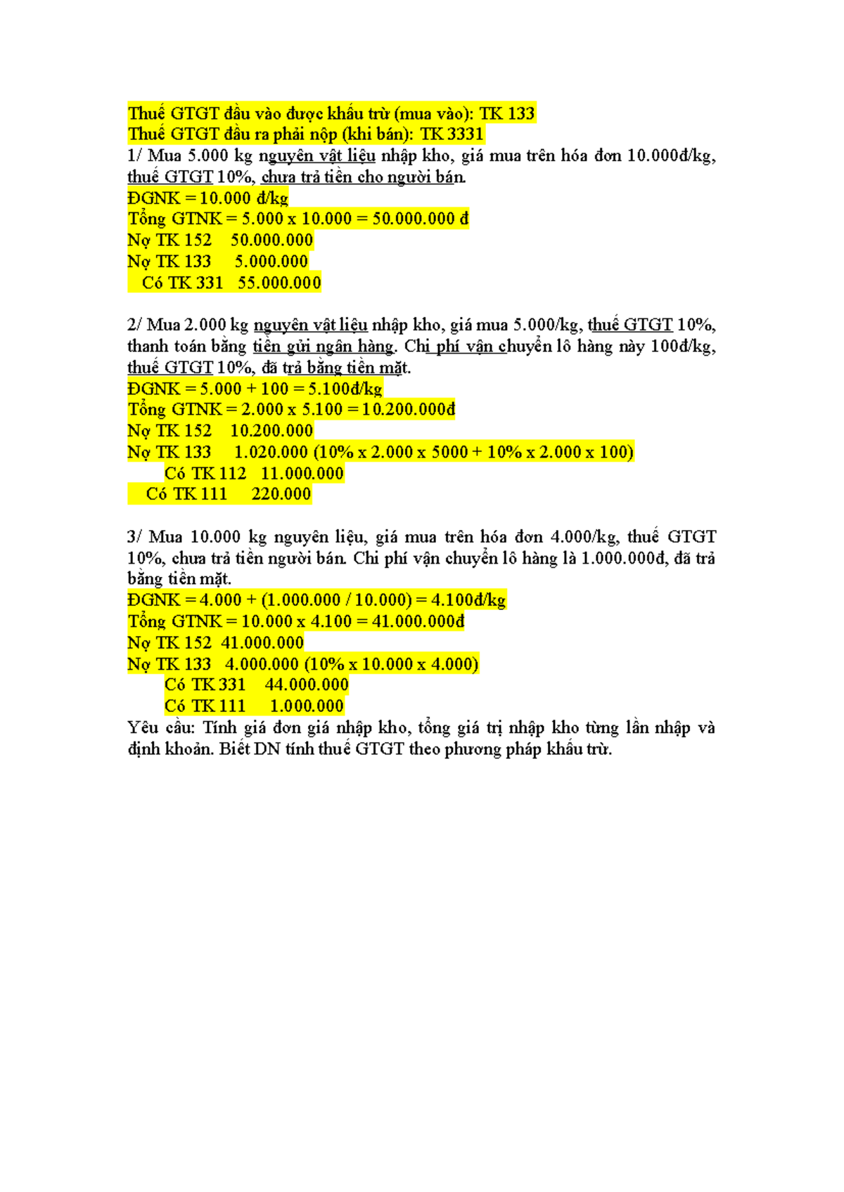 Bài Tập Mẫu: Tính Giá Nhập Kho và Định Khoản Thuế GTGT - TK 133 - Studocu