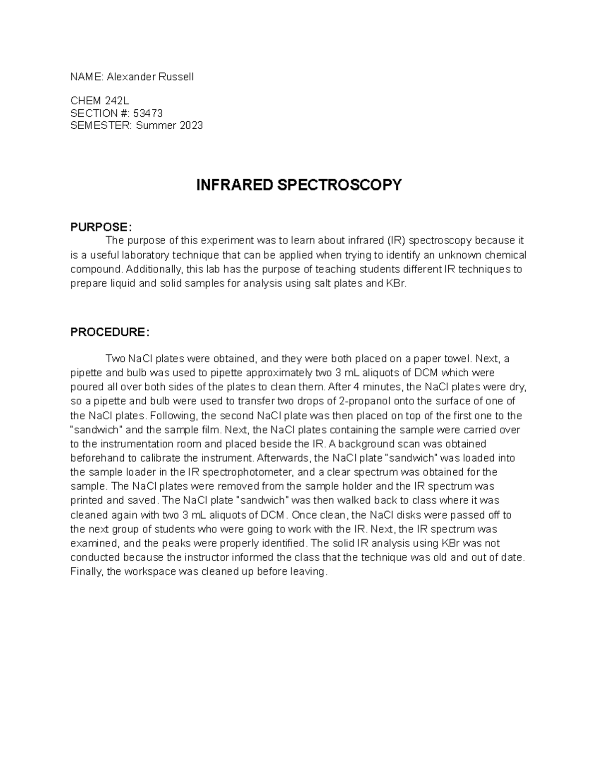 CHEM 242L Summer 2023: Infrared Spectroscopy Lab Experiment - Studocu