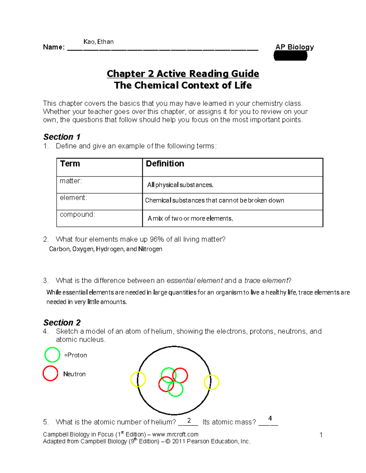 Chapter 2 Active Reading Guide: The Chemical Context of Life (AP Bio) - Studocu