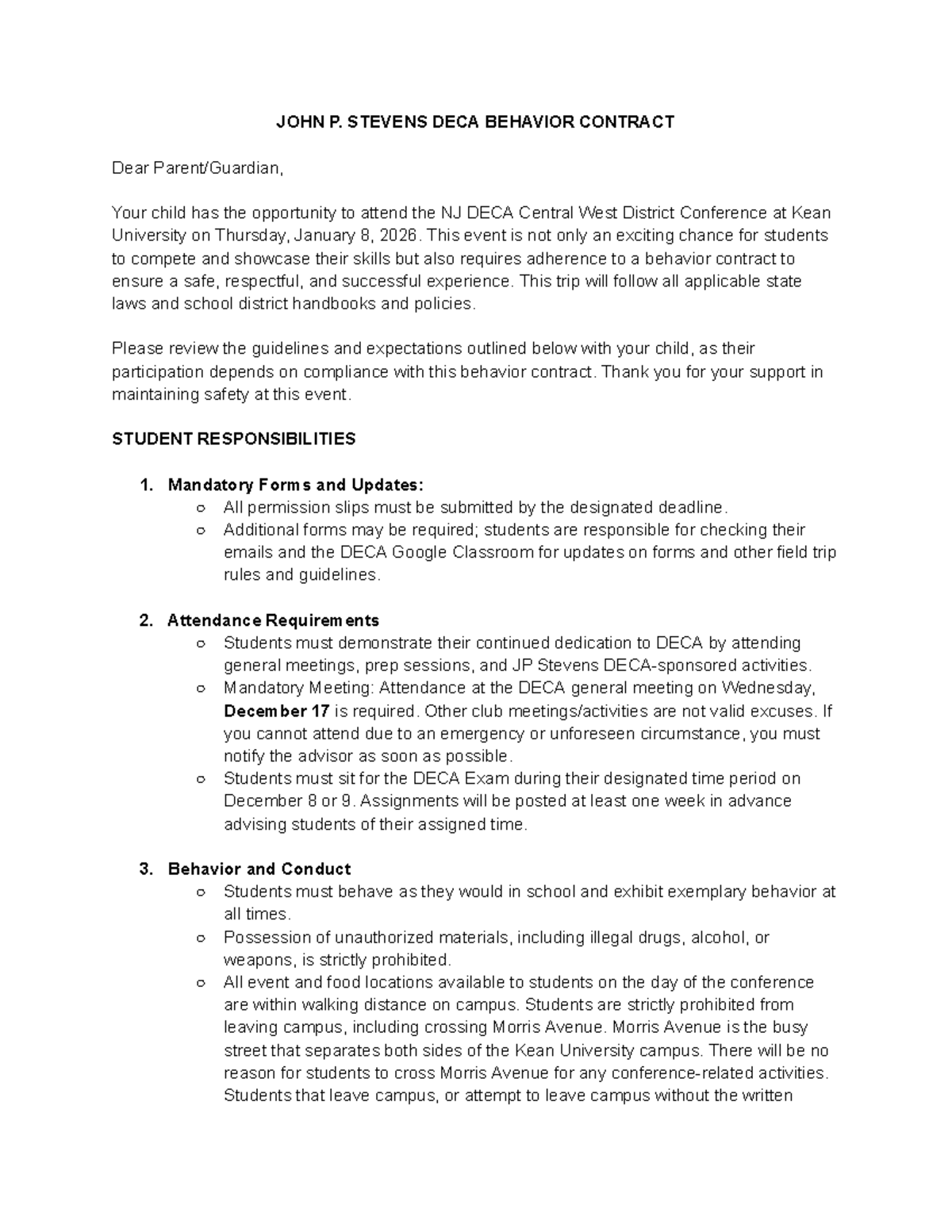DECA Districts Behavior Contract for JP Stevens Students - Studocu
