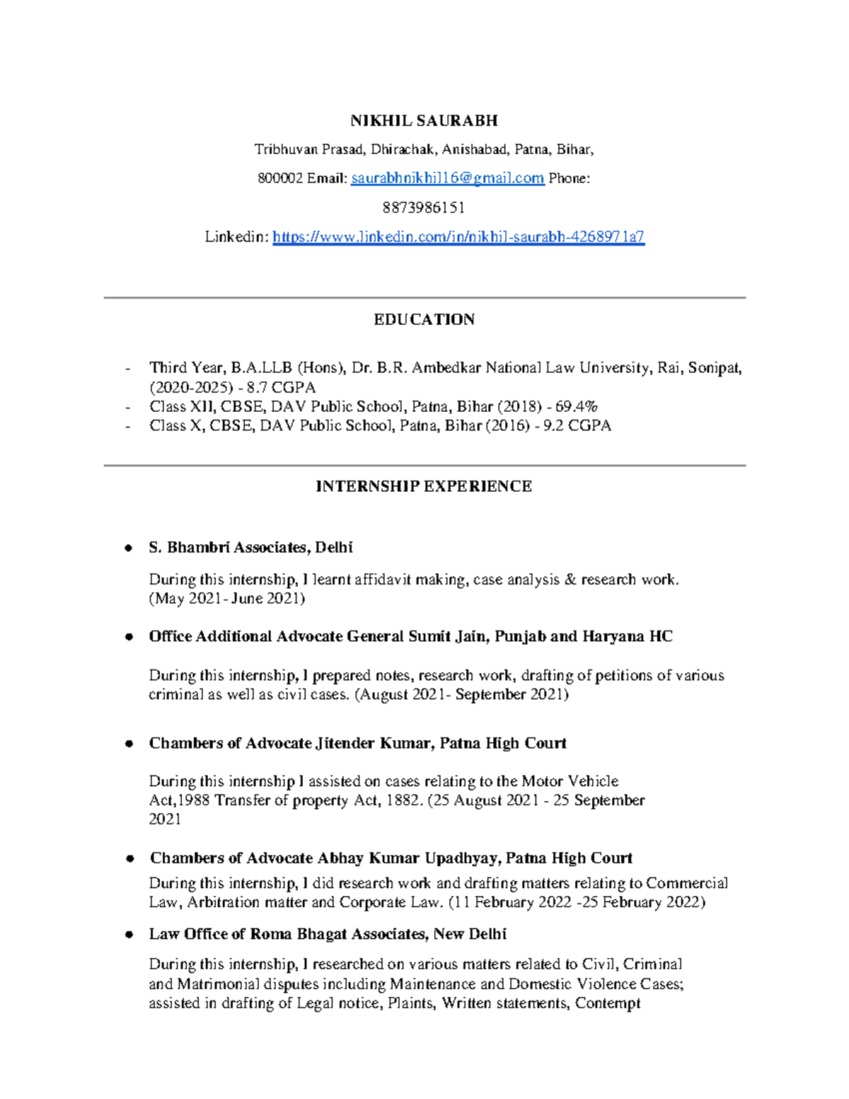 Sample CV for B.A.LLB (Hons) Law Students - Nikhil Saurabh - Studocu