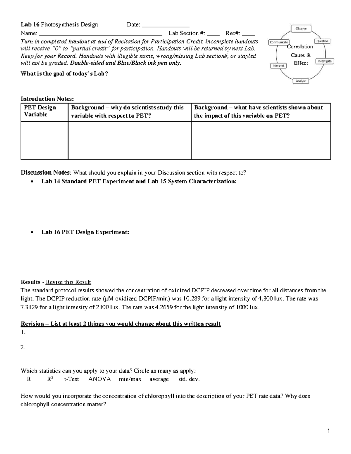 Lab 16: Photosynthesis Design Experiment & Data Analysis Guide - Studocu