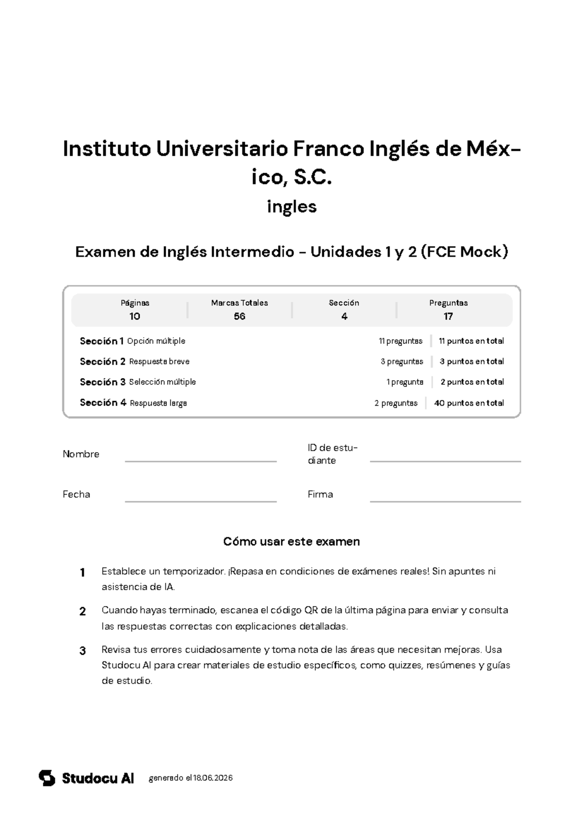 Examen de Inglés Intermedio - Unidades 1 y 2 (FCE Mock) - Studocu