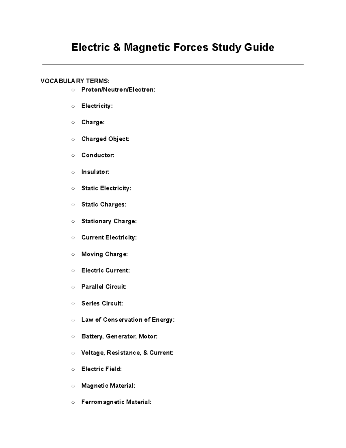Copy of Electric & Magnetic Forces Study Guide - Electric & Magnetic ...