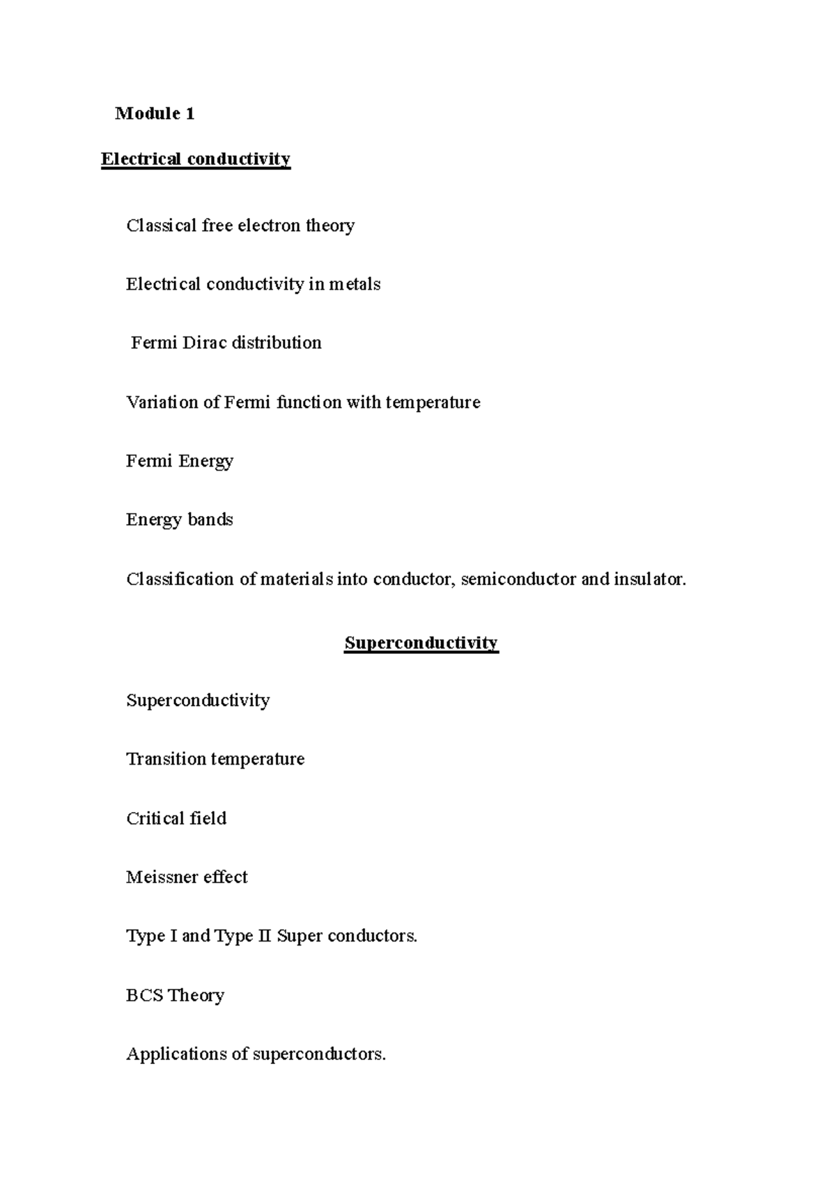 Module 1 - Electrical Conductivity & Superconductivity Notes - Studocu