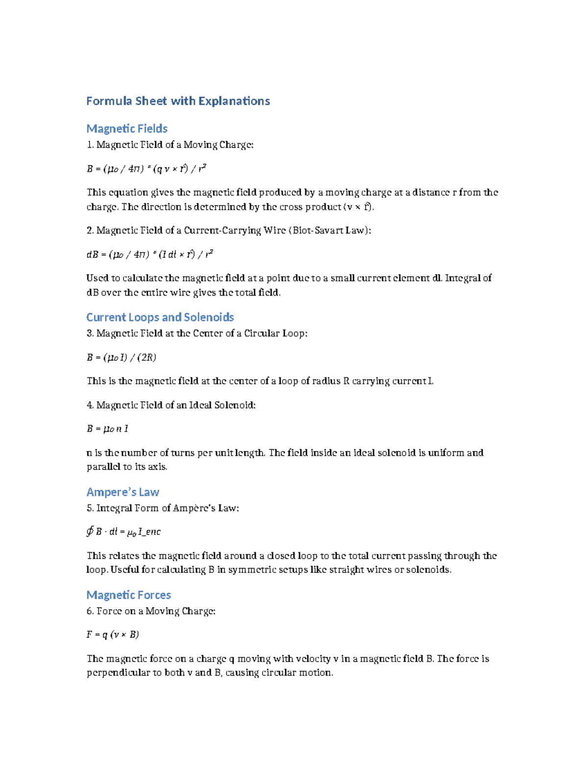 Magnetic Fields & Laws: Formula Sheet (PHYS 101) - Studocu