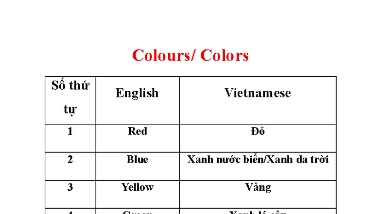 Colors Vocabulary Exercise: English-Vietnamese (Colors) - Studocu