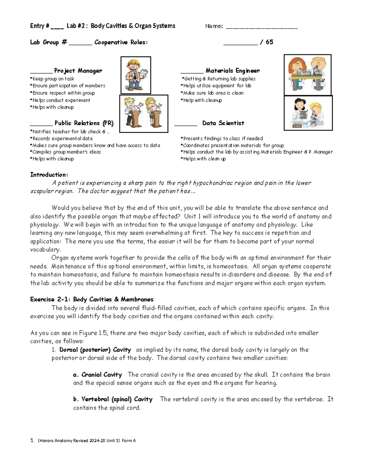 Entry Lab: Body Cavities & Organ Systems (Honors Anatomy Unit 1) - Studocu
