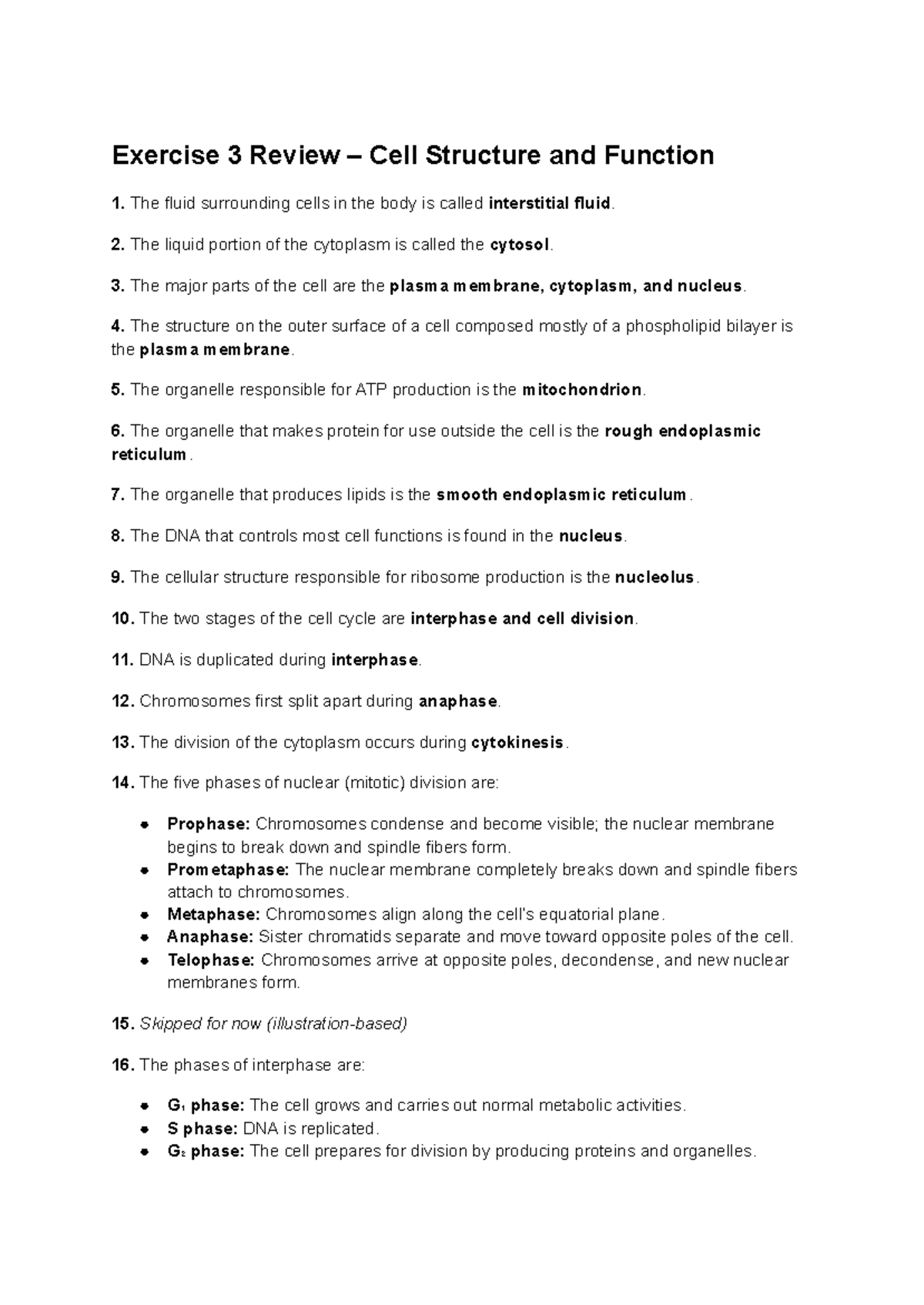 Exercise 3 Review: Cell Structure & Function Insights - Studocu