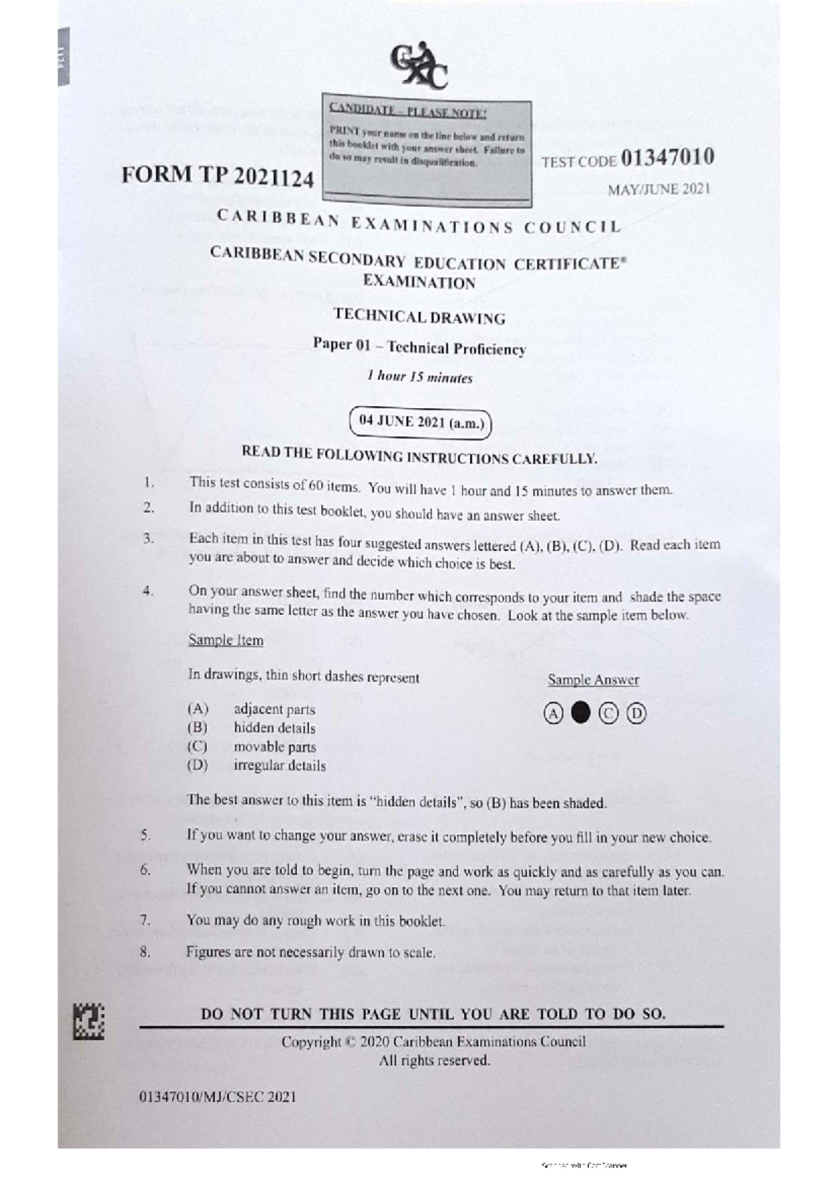 CSEC Technical Drawing Paper 01 2021 Exam Instructions and Items - Studocu