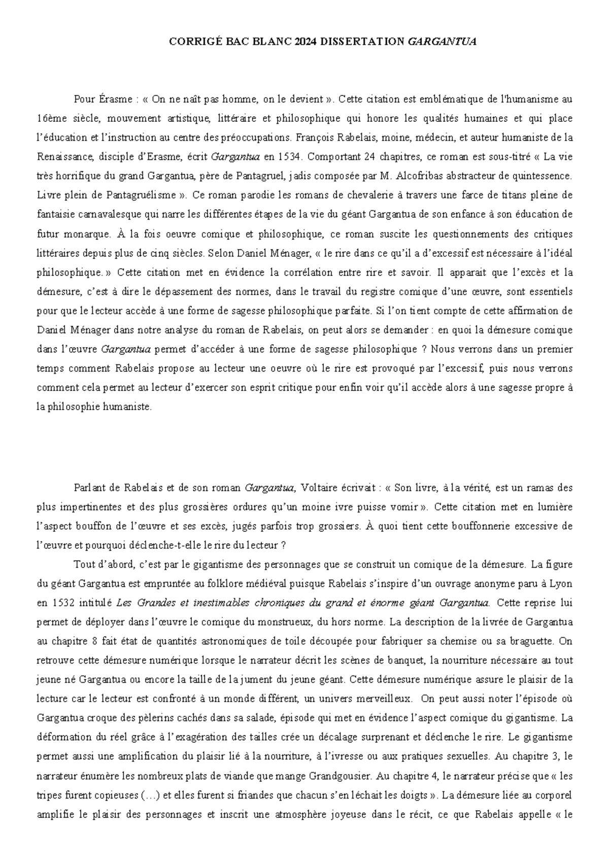 Corrigé BAC Blanc 2024 : Dissertation sur Gargantua de Rabelais - Studocu