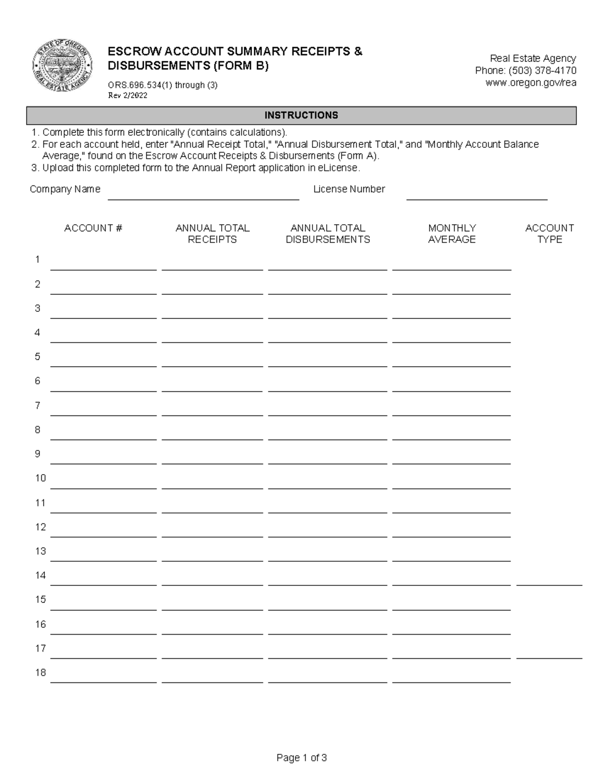 Escrow Account Summary Receipts & Disbursements (Form B) ORS.696.534 ...