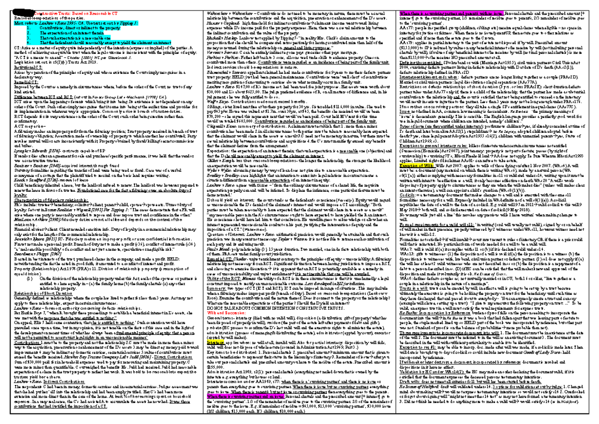 Equity & Trusts Exam Cheat Sheet: Constructive Trusts & Key Cases - Studocu