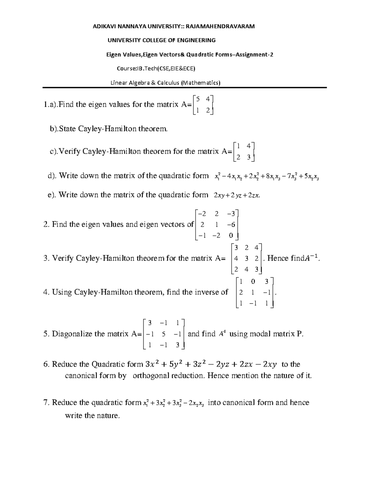 LA&C U2 Assignment 2: Eigenvalues & Quadratic Forms in Linear Algebra ...