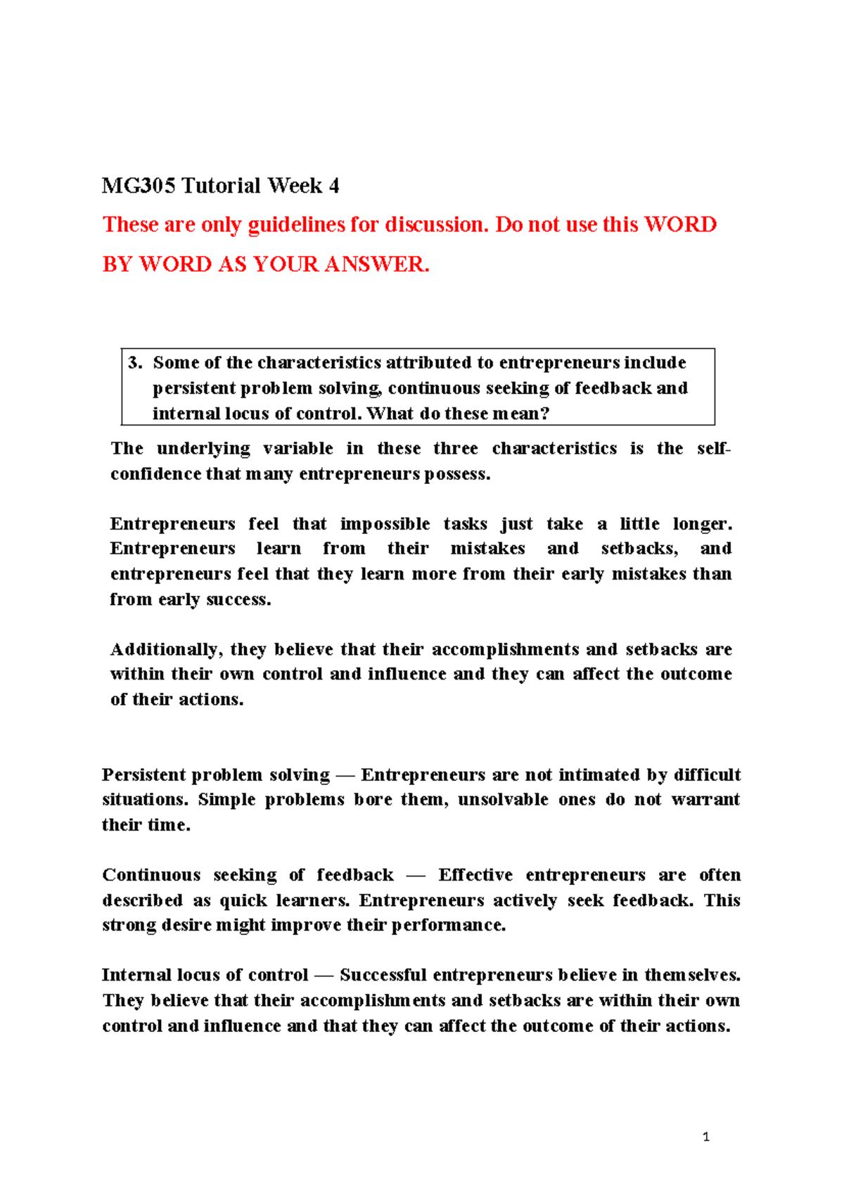 MG305 Week 4 Tutorial: Entrepreneurial Characteristics & Risks - Studocu