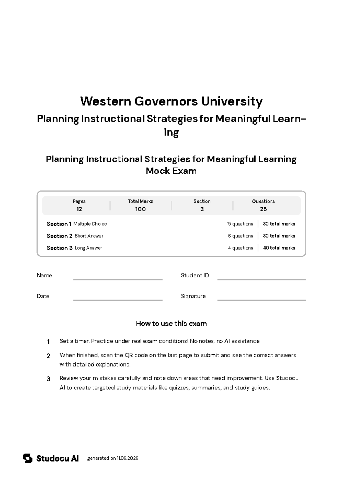 Planning Instructional Strategies Mock Exam - Studocu