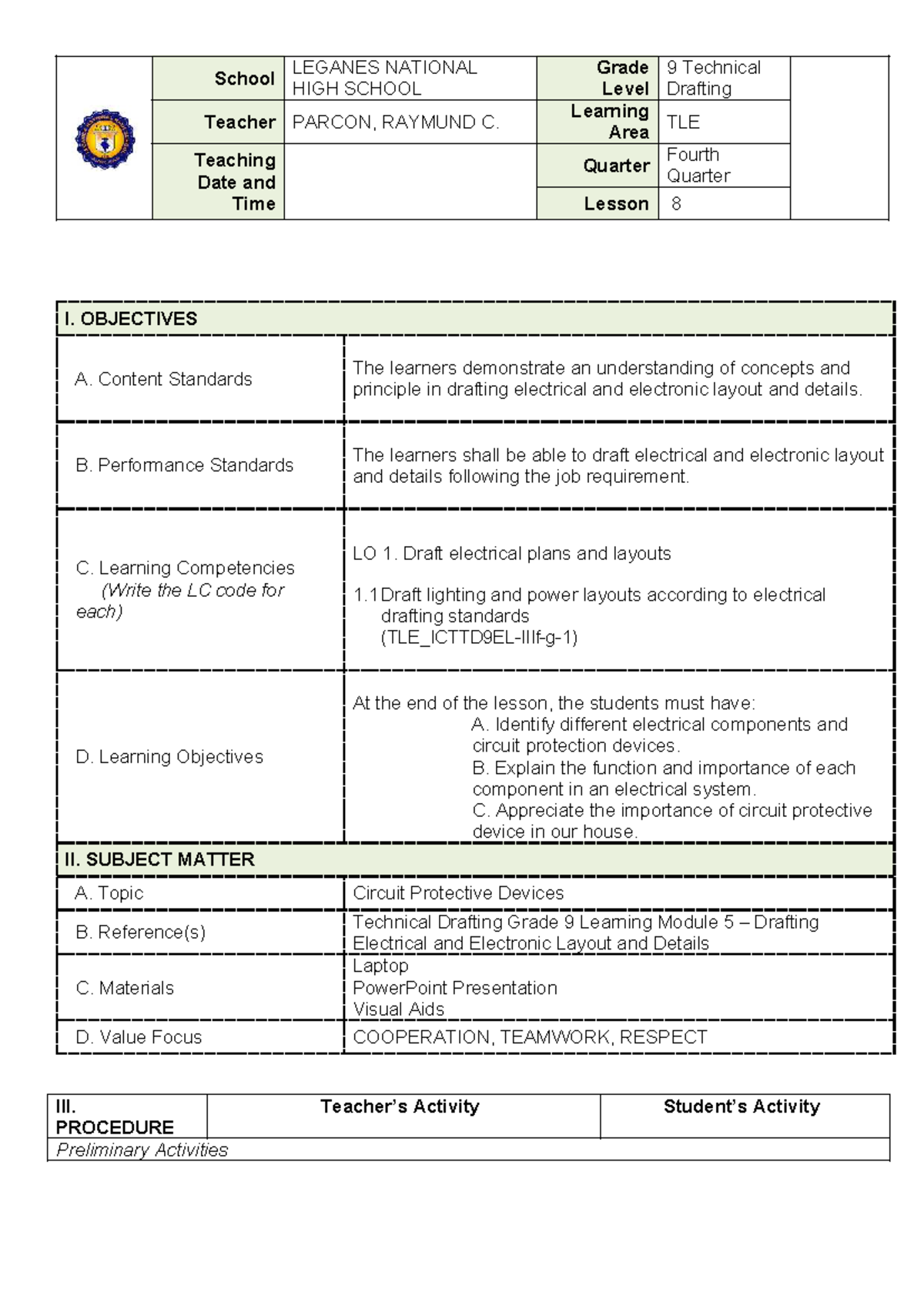 Lesson Plan TLE 9: Technical Drafting - Electrical Layouts - Studocu