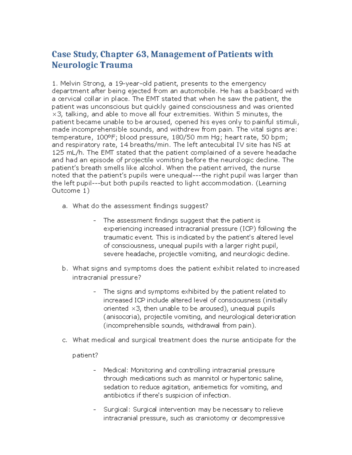 Case Study 63: Management of Neurologic Trauma and Patient Care - Studocu