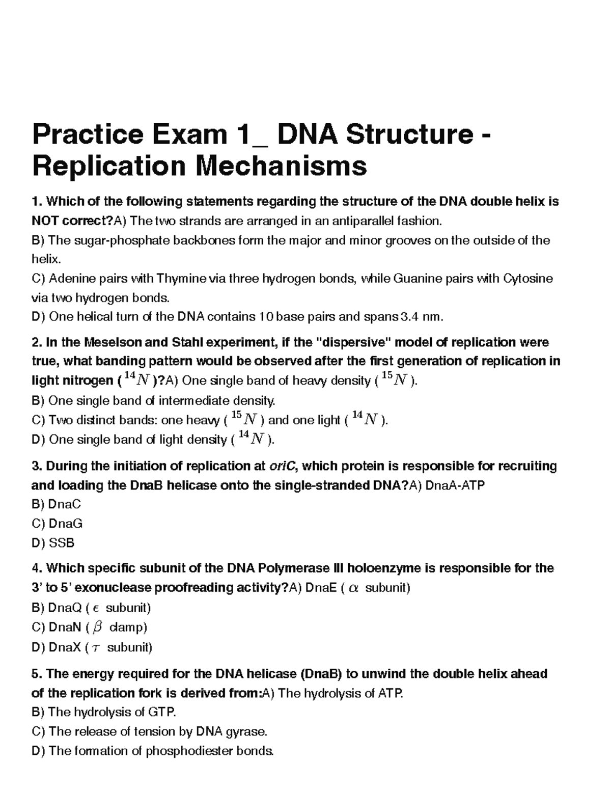 Practice Exam 1: DNA Structure & Replication Mechanisms - Studocu
