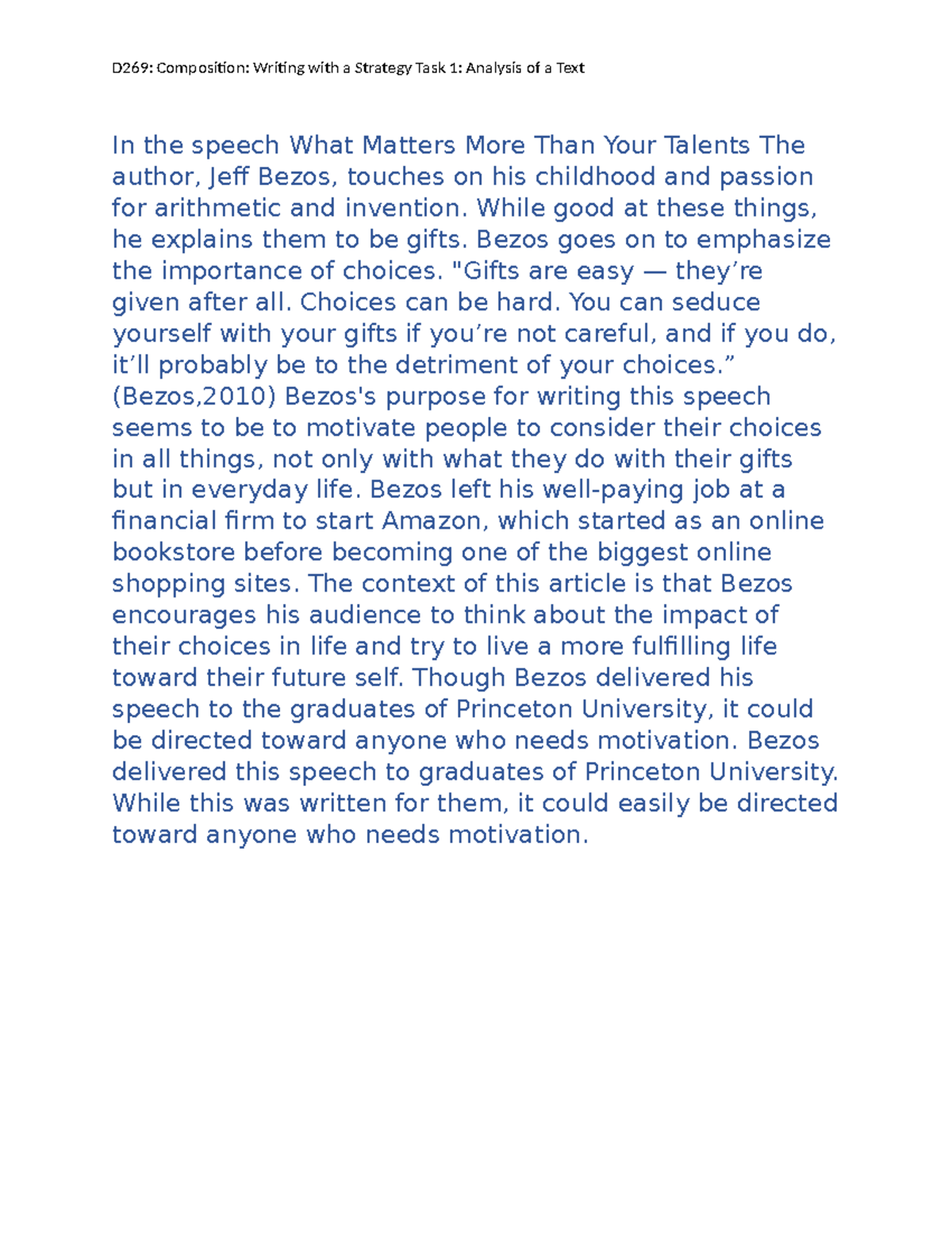 D269: Composition Task 1 - Analyzing Jeff Bezos' Motivational Speech ...