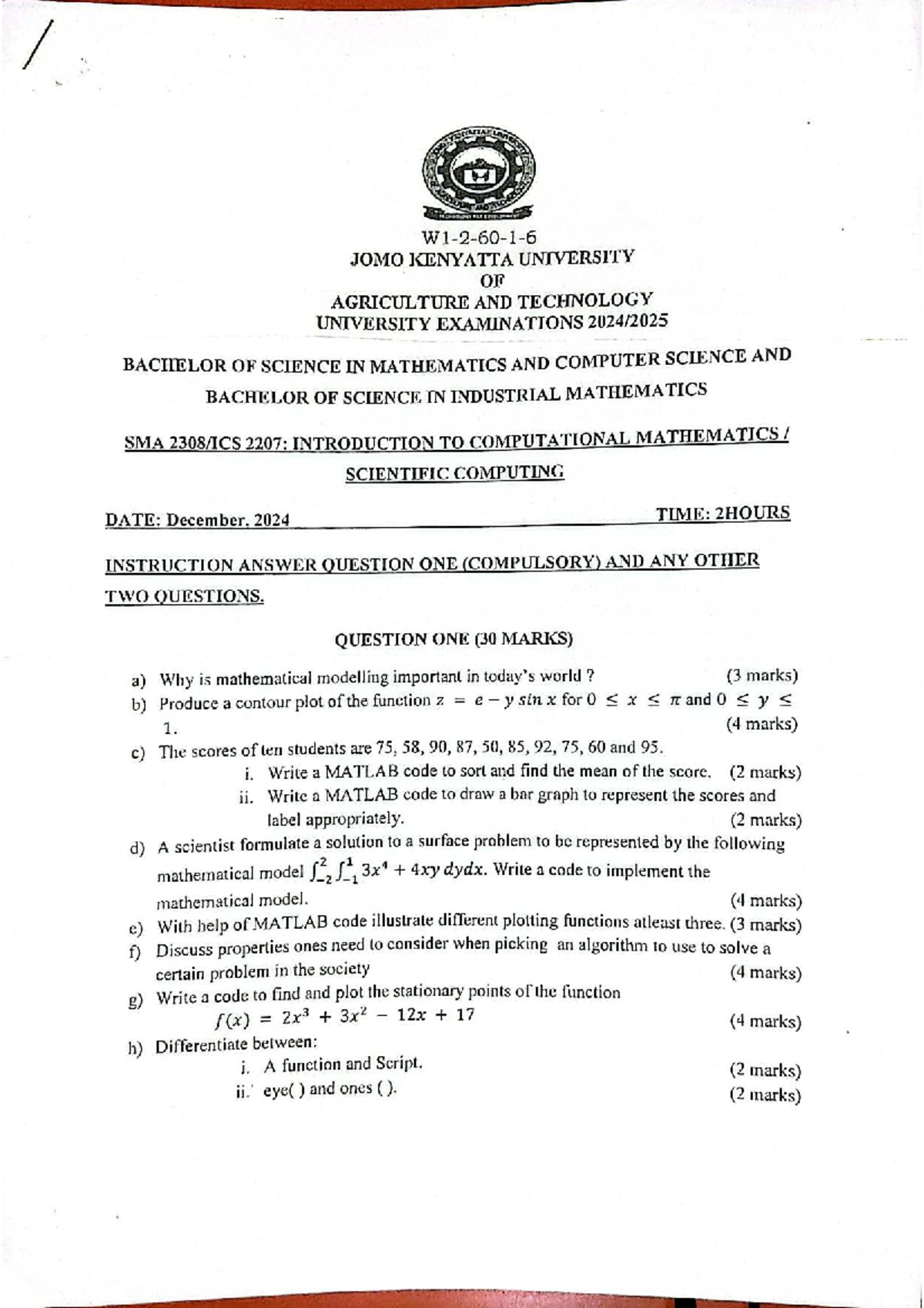SMA 2207: Comp Sci Exam Revision - JKUAT Dec 2024 - Studocu