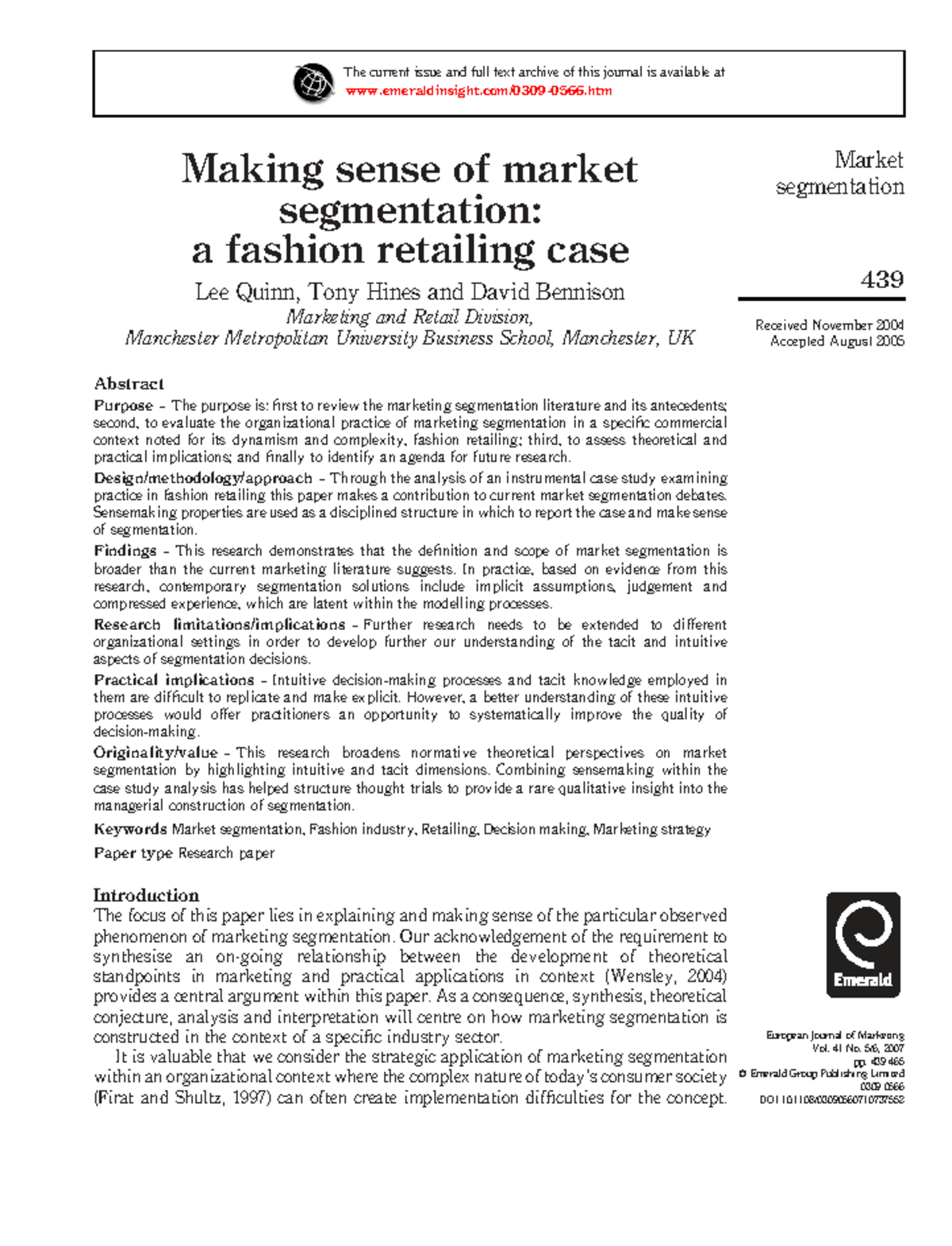 Market Segmentation Strategies in Fashion Retailing: A Case Study (EJM ...