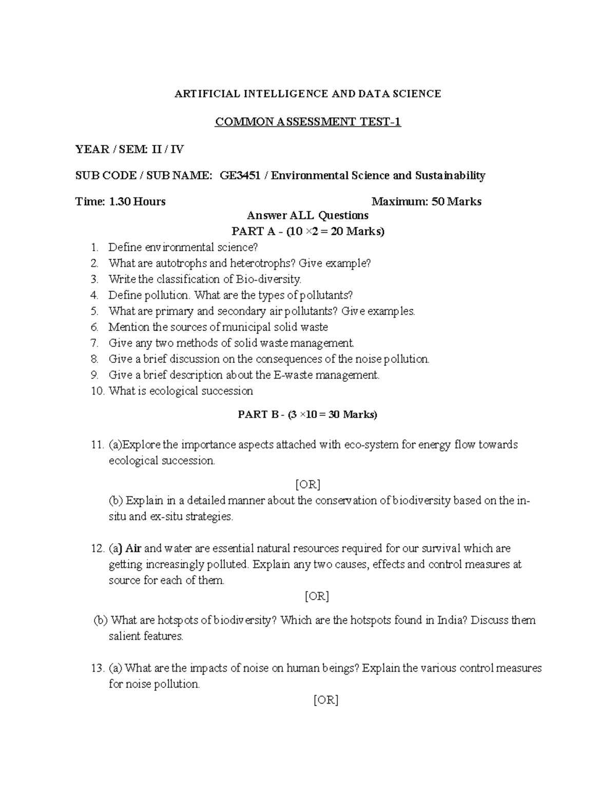 GE3451 Environmental Science & Sustainability CAT-1 Question Paper ...