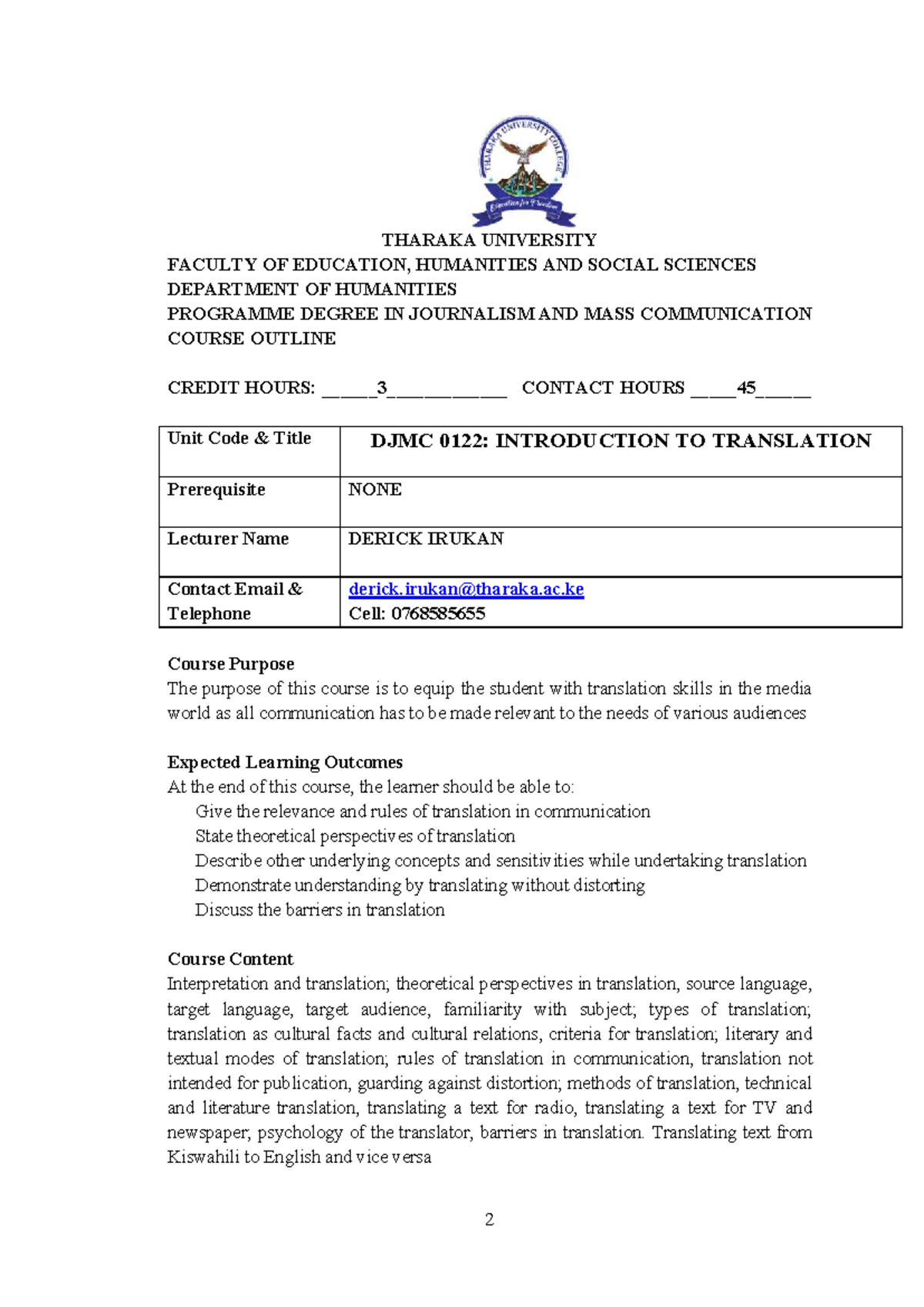 Updated Course Outline for DJMC 0122: Introduction to Translation - Studocu