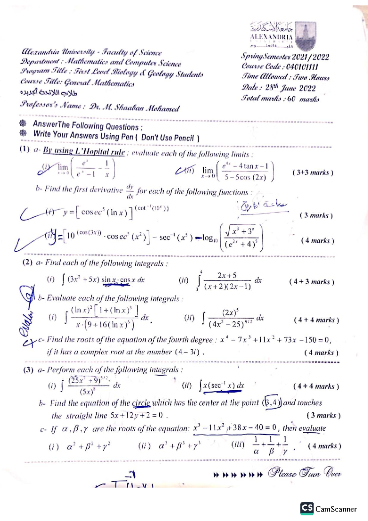 Final Exam: General Mathematics (Course Code: Math 24584) - Studocu