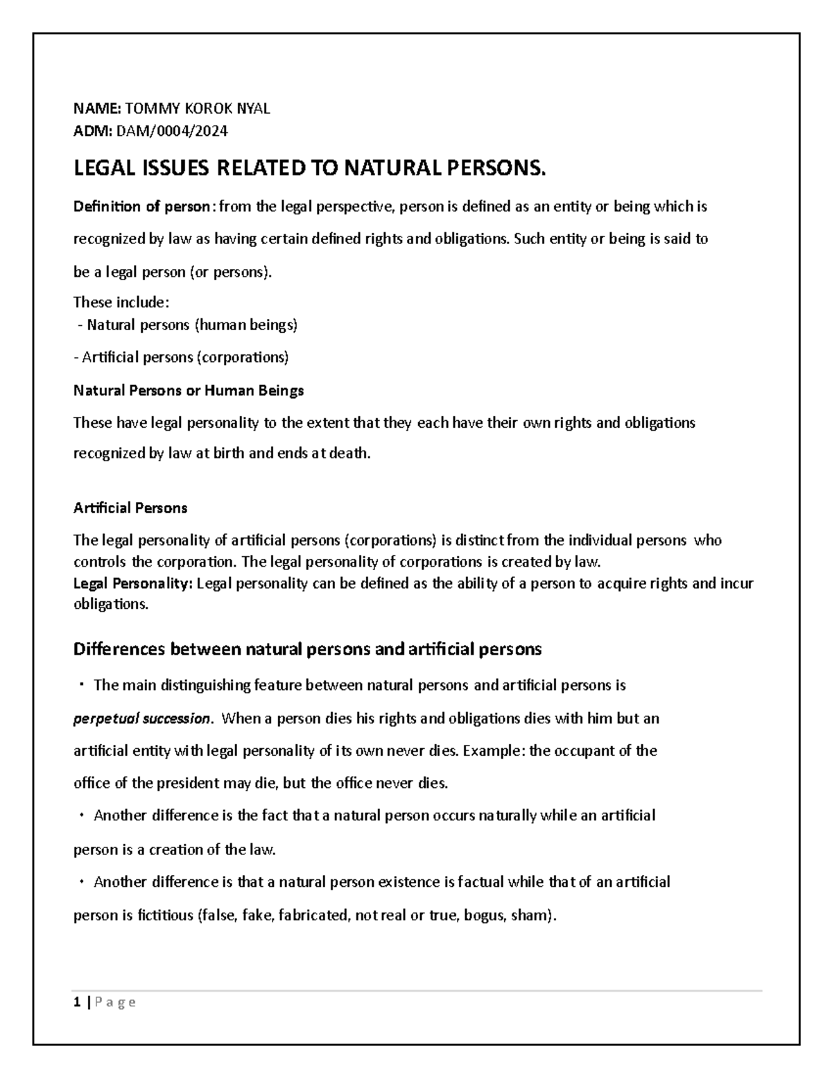 Legal Issues Related TO Natural Persons Assignment - NAME: TOMMY KOROK ...