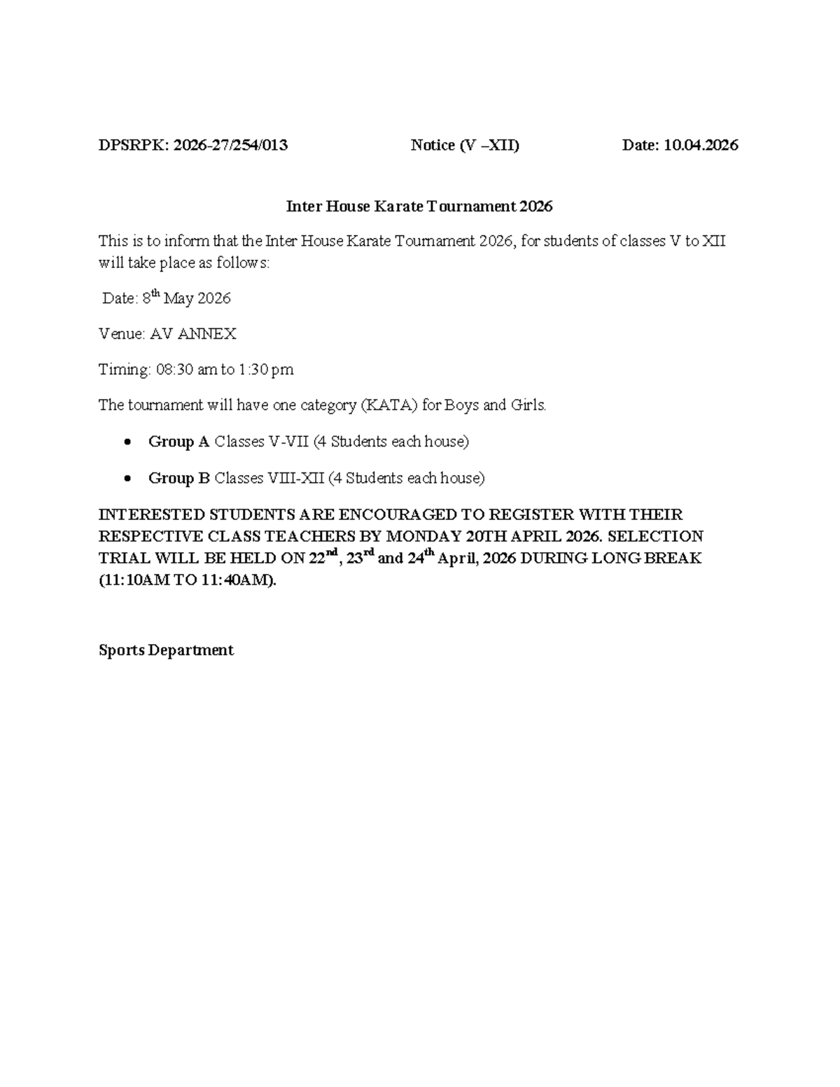 DPSRPK: Notice for Inter House Karate Tournament 2026 - Studocu