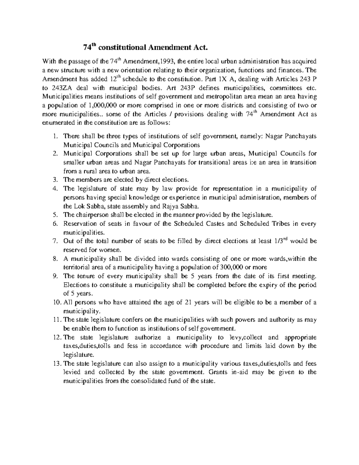 74th Constitutional Amendment Act: Key Features and Implications - Studocu